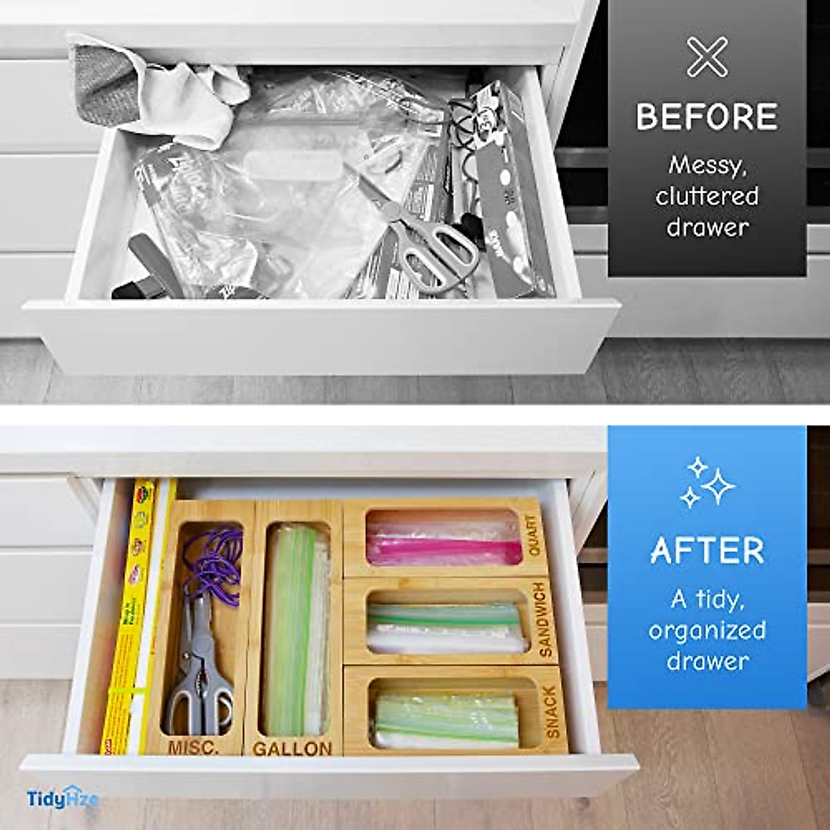 TidyHze Bamboo Ziplock Bag Organizer for Drawer, Baggie Holder, Food Storage Bag Organizer, Sandwich Bag Holders, Housewarming, Registry Wedding Registry, Premium Bamboo, Set of 5