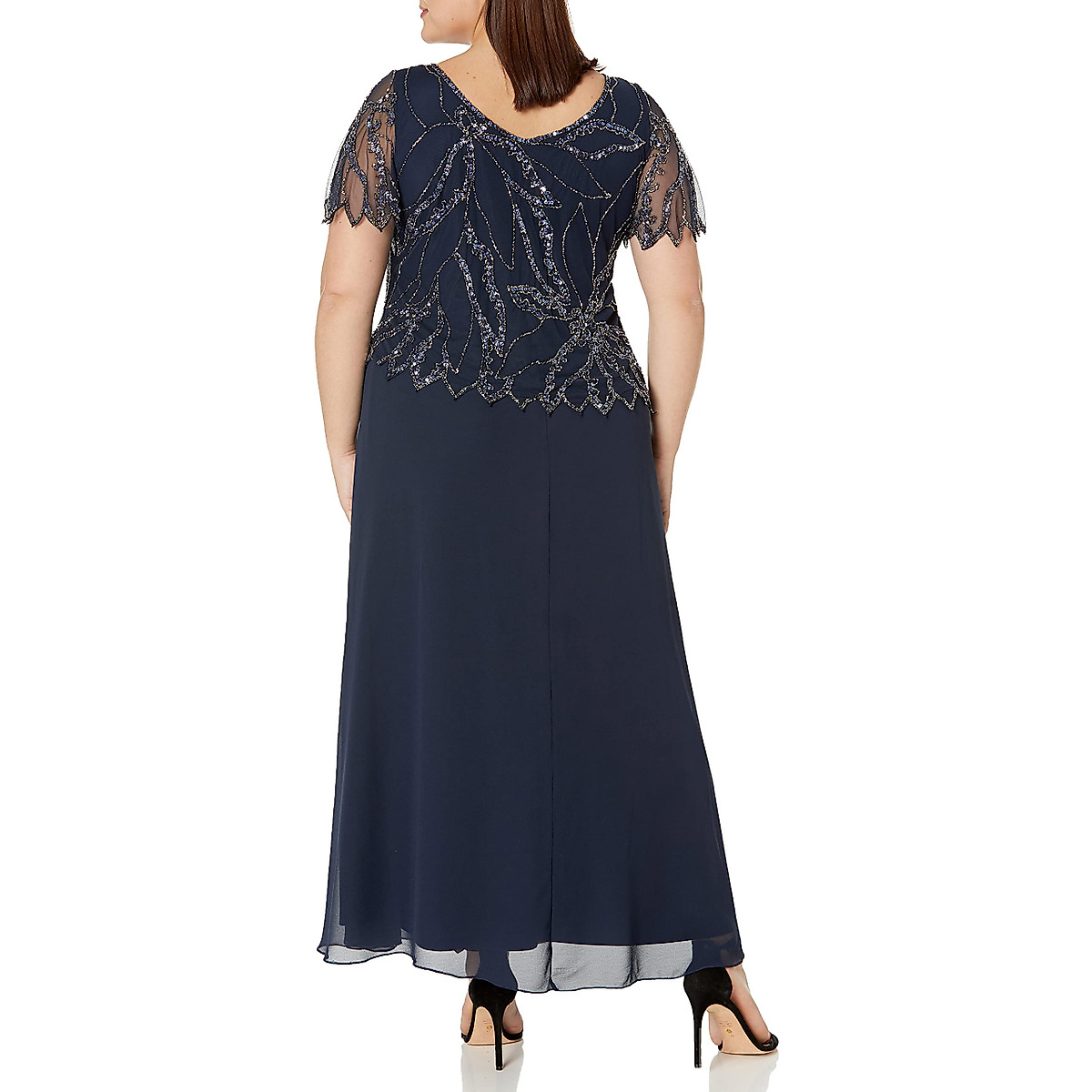J Kara Women's Plus Size Beaded Short Sleeve Long Gown, Navy/Mercury, 18W