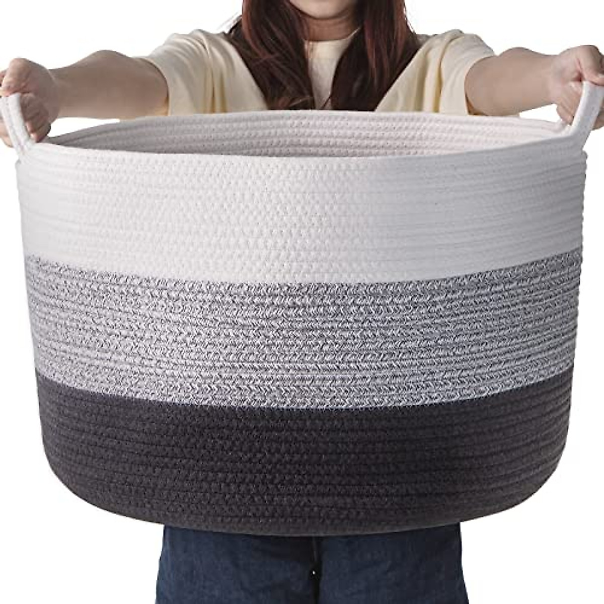 Large Cotton Rope Storage Basket: Humbson Baby Laundry Woven hamper - 21.7 x 21.7 x 13.8 Inch - Nursery Toy Basket - Bedroom Living Room Floor Blanket Baskets - 87L