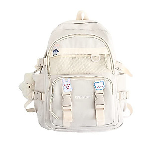 Aesthetic Kawaii Nylon Laptop Backpack with A Cute Bear Pendant, Suitable for Back to School, Large Capacity (white)