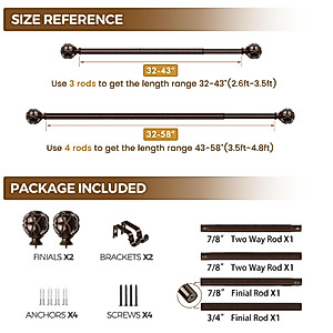 KAMANINA Single Curtain Rod 32 to 58 Inch(2.6-4.8Ft), 7/8 Inch Antique Bronze Adjustable Drapery Rod for Windows, Decorative Netted Texture End