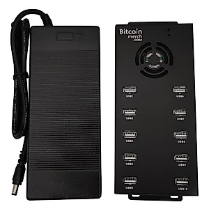 BitcoinMerch.com - 10 Port USB Hub 120W Powered USB 2.0 Charging Hub 12V 10A PSU for NewpPac, Antminer, Moonlander