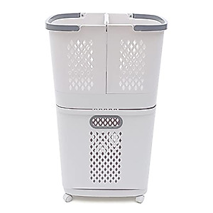 2 Tier Laundry Basket Vertical Standing Storage Basket Stand with Wheel Rolling Laundry Sorter Hamper Multipurpose Large Laundry Basket with 3 Basket Bins for Kitchen Bedroom Bathroom