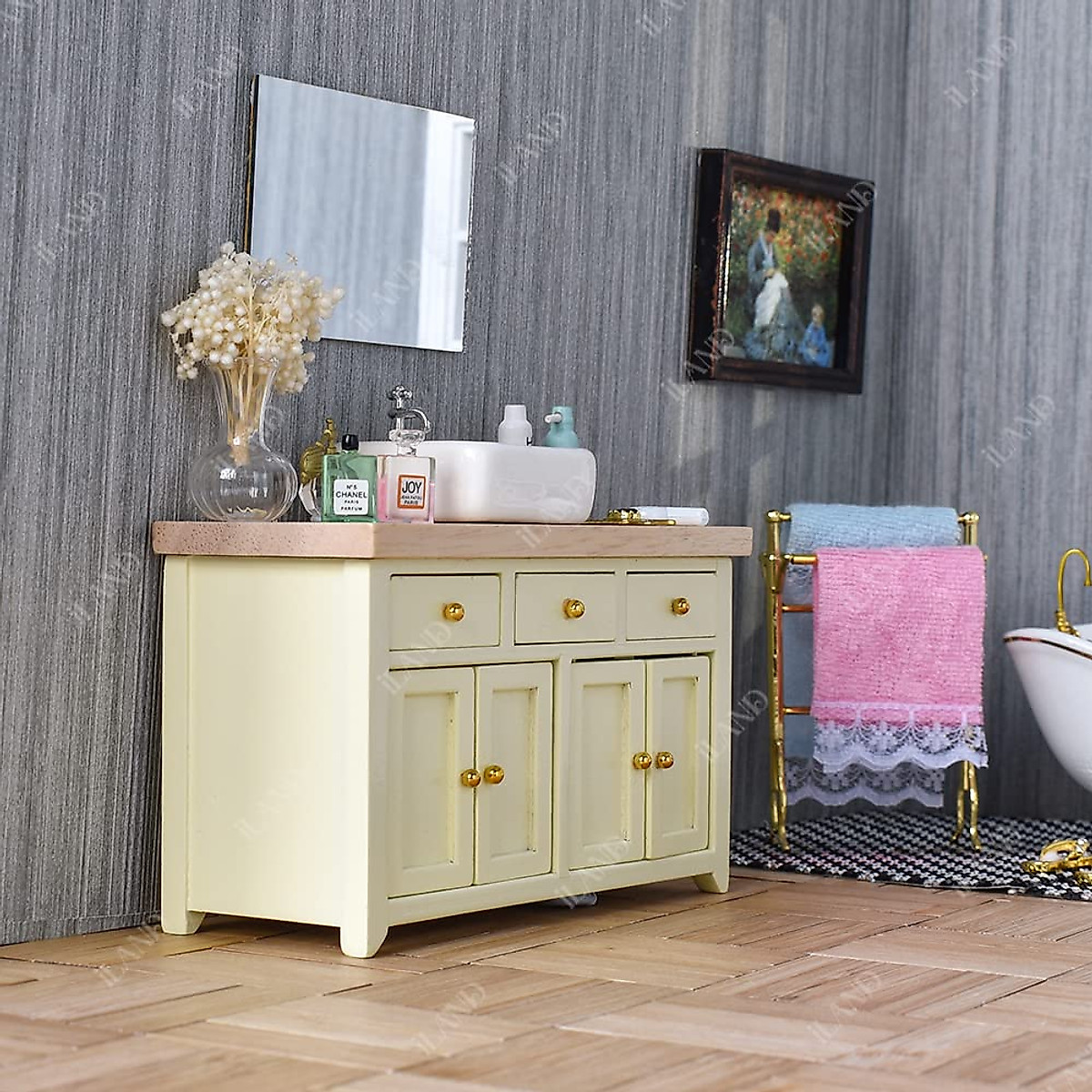 iLAND Dollhouse Furniture and Accessories 1/12 Scale of Dollhouse Bathroom Set incl Ceramic Dollhouse Toilet & Bathtub & Wooden Bathroom Vanity with Sink (Luxury 9pcs)