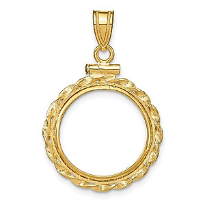 Roy Rose Jewelry Gold Coin Bezel Mounting | 1/10 oz. American Eagle Coin | 16.5mm Coins | Screw Top | Twisted Ribbon, Beaded, Rope Border Fancy Bezel Frames | Solid 14K Gold
