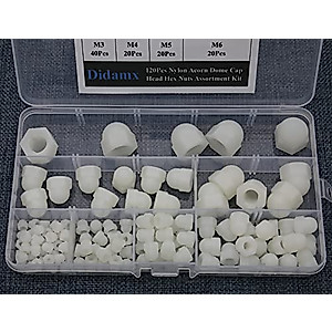 Didamx 120Pcs M3 M4 M5 M6 M8 M10 M12 Nylon Acorn Dome Cap Head Hex Nuts Assortment Kit