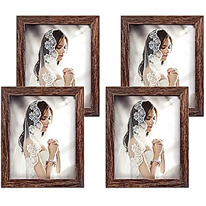 Q.Hou 8x10 Picture Frame Wood Patten Rustic Brown Photo Frames Packs 4 with High Difinition Glass for Tabletop or Wall Decor (QH-PF8X10-BR)