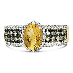 LE VIAN 14K Yellow Gold Oval Citrine & 1/2 Cttw White/Chocolate Diamond Engagement Ring (H-I & Fancy Brown Color, SI1-SI2 Clarity)- Size 7