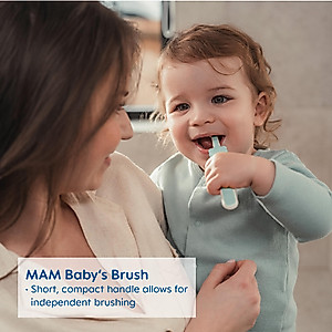 MAM Learn to Brush Set (1 Baby's Brush Toothbrush, 1 Training Brush, 1 Safety Shield), Baby Toothbrushes with Brushy The Bear, Interactive App, for Boys 5+ Months, Blue