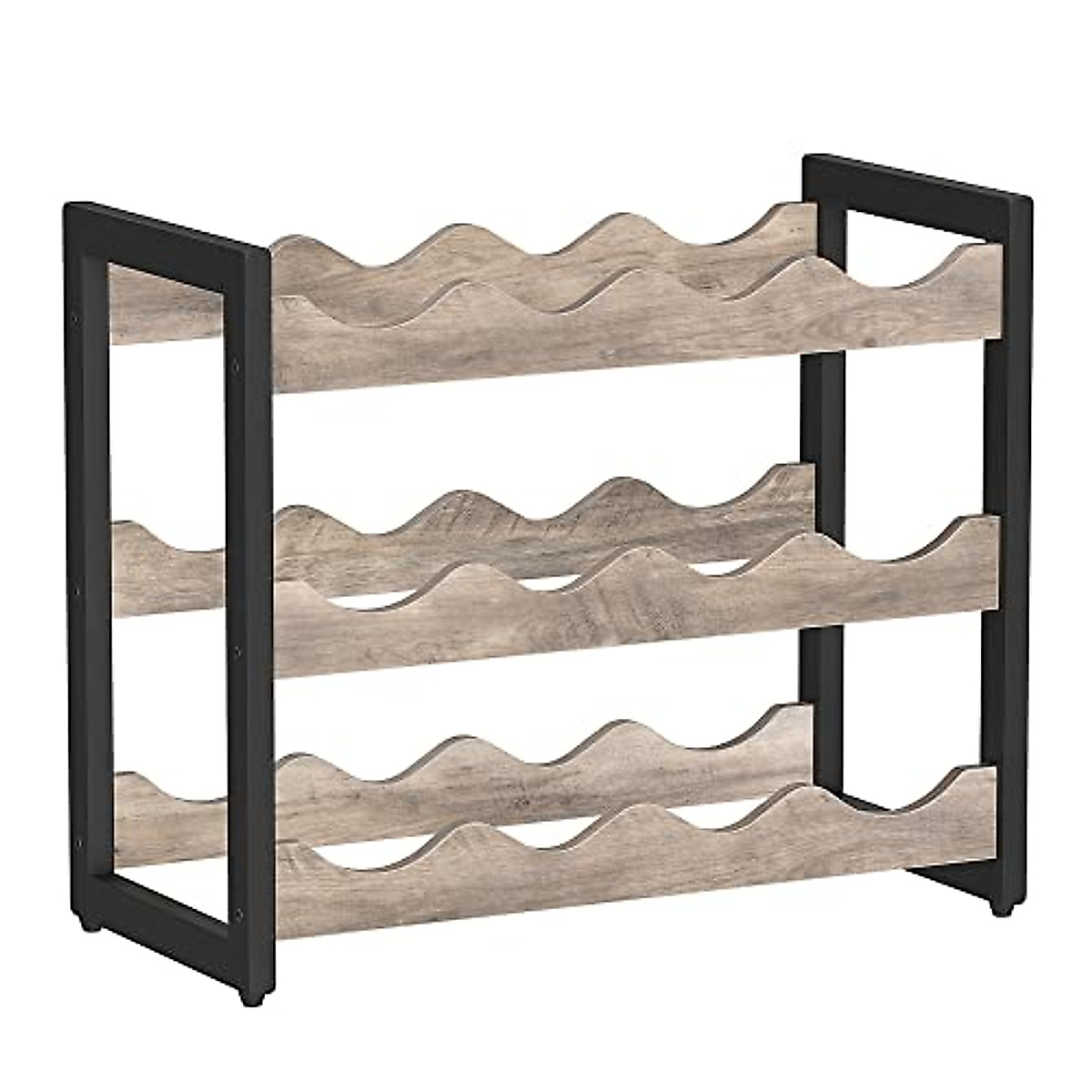 SONGMICS Wine Rack, 3 Tier Tabletop Wine Water Bottle Organizer Storage, Large Capacity Holds 12 Bottles, Bamboo Countertop Wine Holder Shelf for Kitchen Bar Cabinets Pantry, Greige and Black