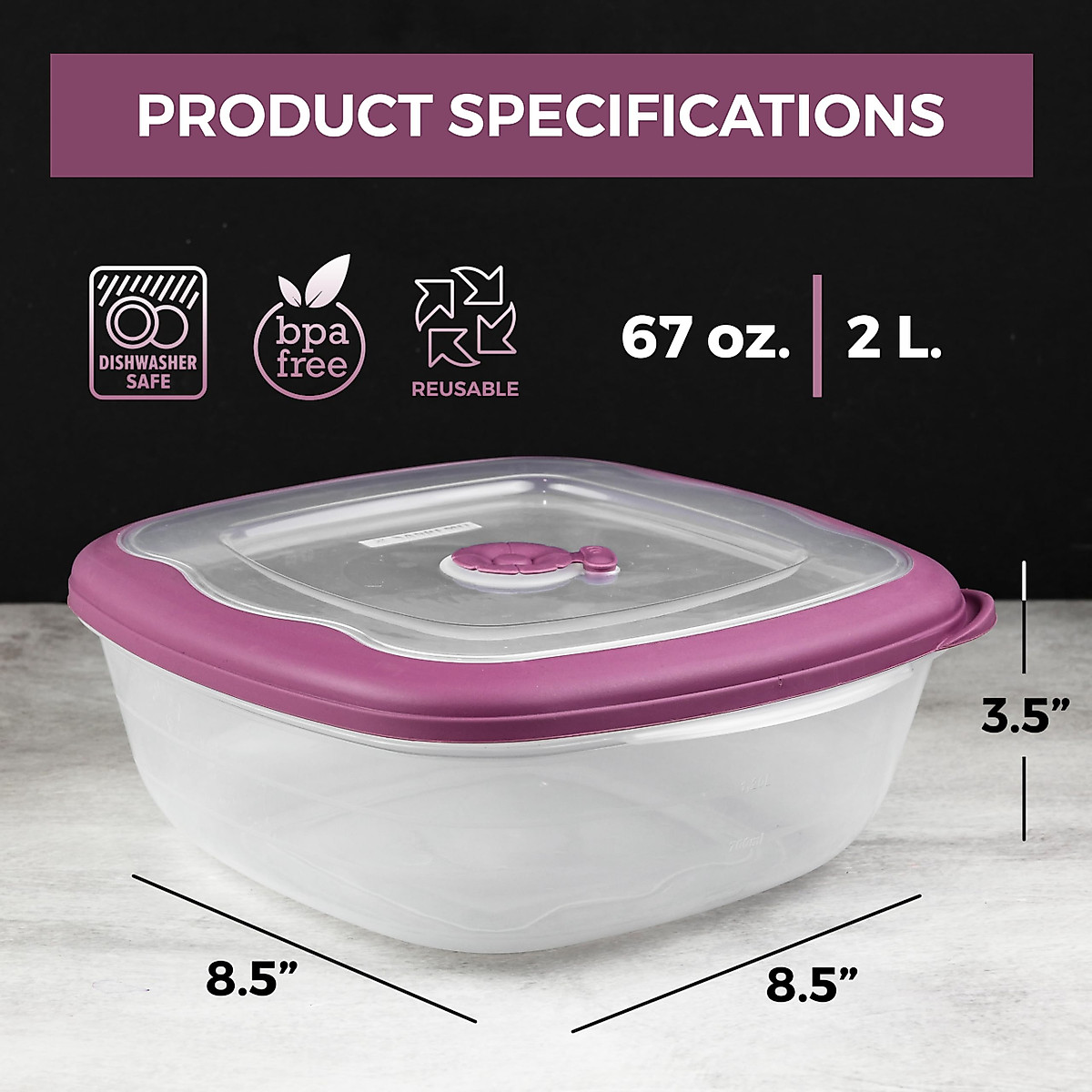 Tribello Plastic Freezer Food Storage Container with Lids Microwave/Dishwasher Safe Steam Vent/Air-Tight Lid Square Large 67 Oz 2-Pack 8.3-Cup