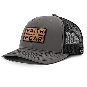 Our True God Faith Over Fear Leather Patch Back Mesh Hat Christian Motivational Baseball Cap (Charcoal Front/Black Mesh), Medium-Large