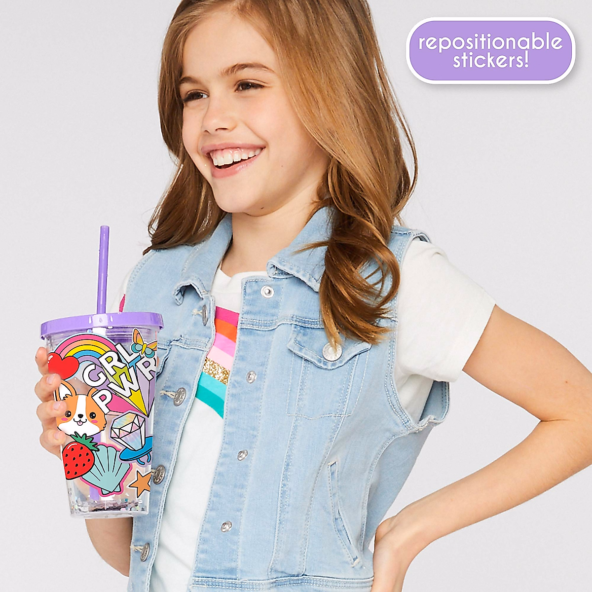 Just My Style DIY Sticker Tumbler, Style & Embellish Your Own BPA Free VSCO Glitter Water Tumbler, Reusable Stickers Included, Great Back To School Gift, Birthday Gift for Girls Ages 6, 7, 8, 9, 10