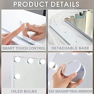 FENCHILIN Vanity Mirror with Lights, Hollywood Lighted Makeup Mirror with 15 Dimmable LED Bulbs for Dressing Room & Bedroom, Slim Metal Frame Design, White