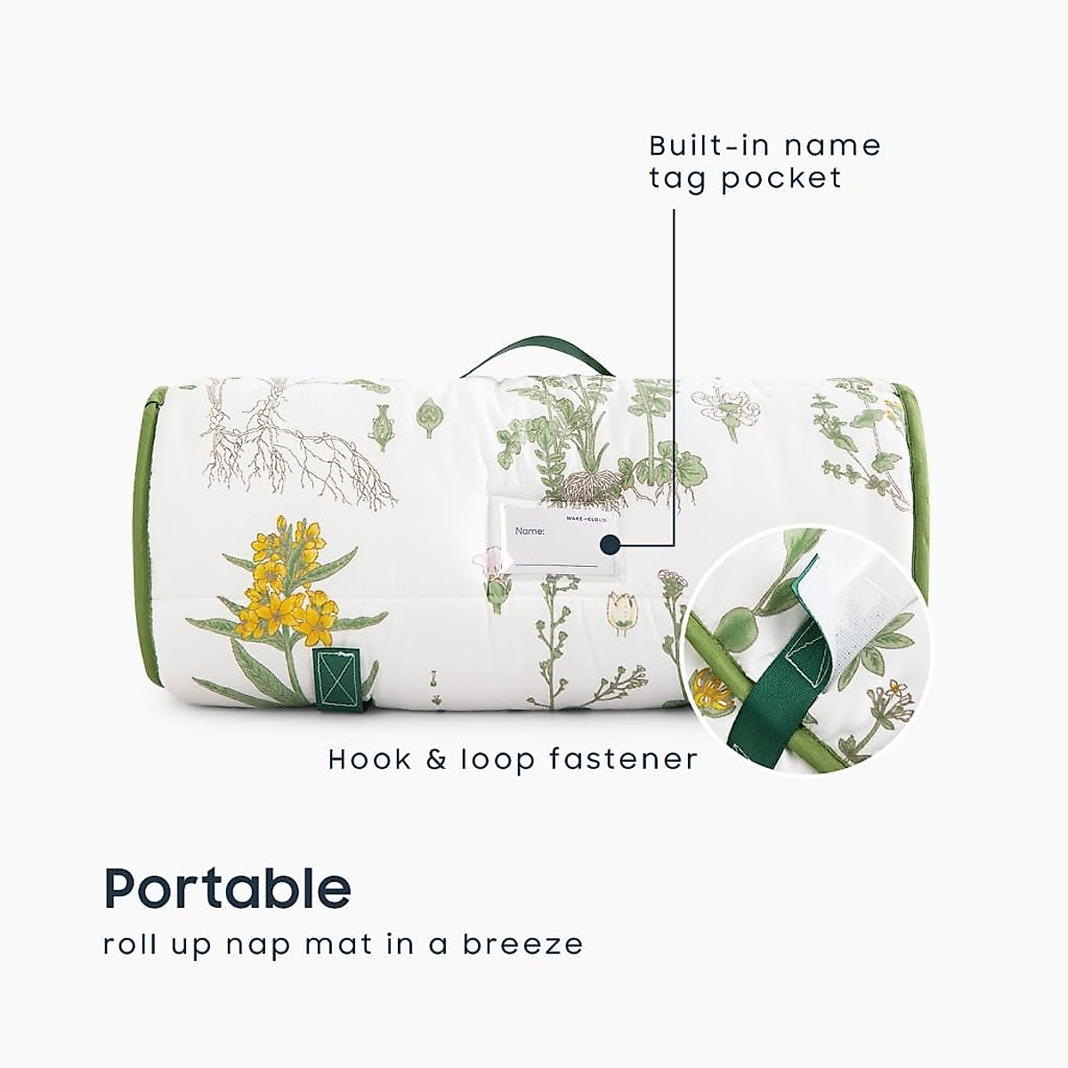 Wake In Cloud - Nap Mat with Removable Pillow for Kids Toddler Boys Girls Daycare Preschool Kindergarten Sleeping Bag, Floral Pattern Printed on White, 100% Cotton with Microfiber Fill