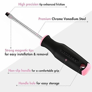 WORKPRO 6-Piece Pink Magnetic Screwdrivers Set, Includes 3 Slotted & 3 Phillips Screwdrivers, Stubby Screwdrivers, Hand Tool Kit for Woman-Pink Ribbon