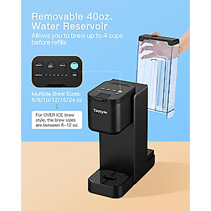 Tastyle Single Serve Coffee Maker, Iced and Hot Coffee Brewer for K Cup & Ground Coffee, with Removable 40 oz. Water Reservoir, 6 to 24 oz. Brew Sizes, Includes Bold & Descale Settings, Black