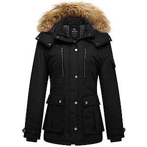 wantdo Women's Thickened Parka Coat with Removable Fur Hood (Black, XX-Large)
