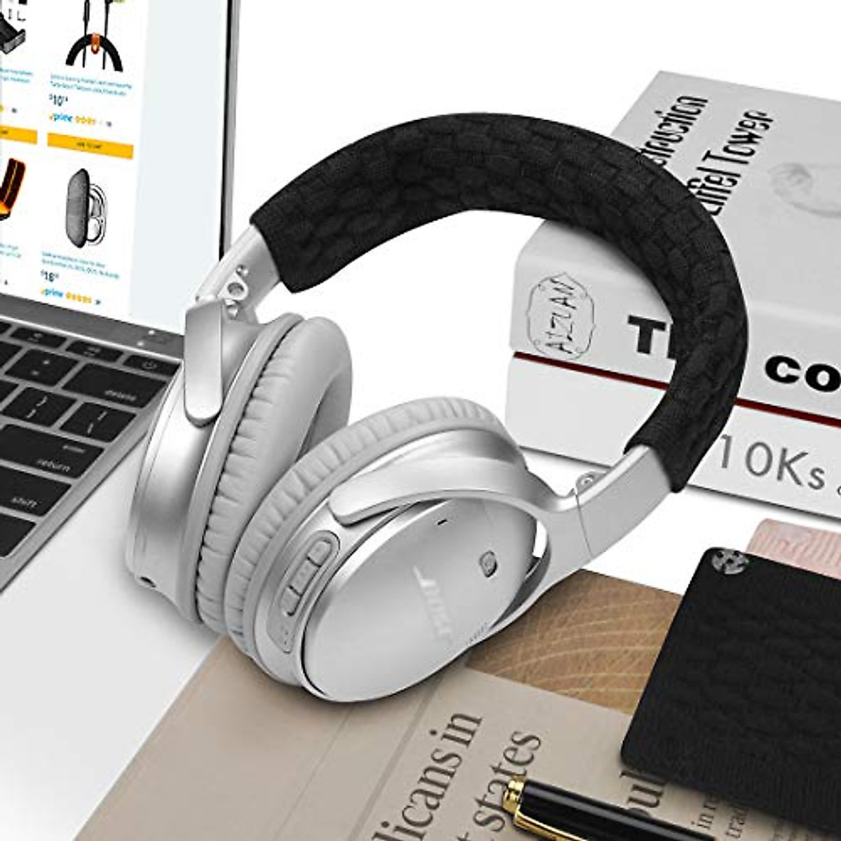 Geekria Knit Fabric Headband Cover Compatible with Bose QC35 II, QC25, QC15, QC2 Headphones, Head Cushion Pad Protector, Replacement Repair Part, Sweat Cover, Easy DIY Installation (Black)