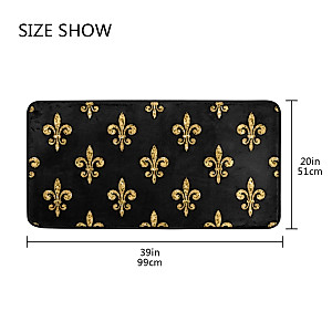 ZZAEO Golden Fleur-De-Lis Floral Black Kitchen Floor Mat Anti-Slip Area Rug Absorbent Soft Comfort Standing Mat Home Decor - 39 x 20 Inch