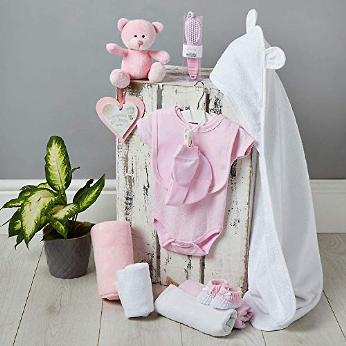 Baby Girl Pink Gift Hamper - with Fleece Wrap, Hooded Towel, Baby Clothes, 2 Muslin Cloths and Cute Teddy Bear