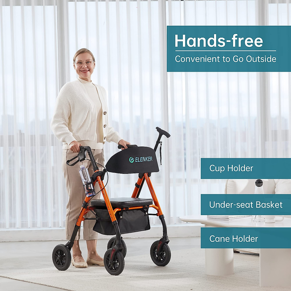 ELENKER All-Terrain Rollator Walker with 8” Non-Pneumatic Wheels, Sponge Padded Seat and Backrest, Fully Adjustment Frame for Seniors, Orange