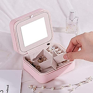 AN207 Jewelry Box with Mirror Zipper PU Leather Travel Earrings Ring Storage Case Necklace Bracelet Girl Gift Small Jewelry (Color : Pink)