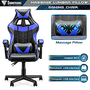 Soontrans Blue Gaming Chairs with Massage,Ergonomic Computer Gamer Chair,Game Chair with Adjustable Headrest and Lumbar Support (Storm Blue)