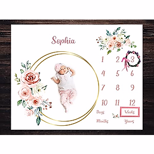 Farnodbaby Personalized Baby Milestone Blanket Girl Floral, Customized Milestone Blanket, Monthly Milestone Blanket, Baby Photo Prop Blanket, Custom Milestone Blanket, Baby Growth Age Chart