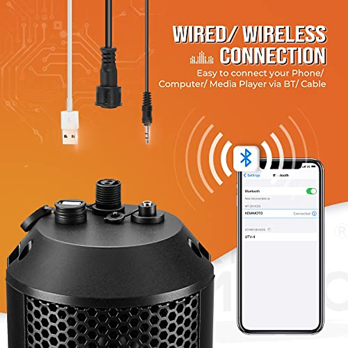 kemimoto UTV Soundbar SXS Sound Bar X3 Speaker- 28 Inches Wide, IPX5 Waterproof, Bluetooth Compatible, Amplified, USB, AUX Input, 4X Speakers, 2X Tweeters Adapt to 1.56"-2.25" Roll Bar