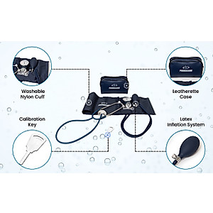 PrimaCare Medical Supplies DS-9196 Professional Classic Series Large Adult Size Manual Blood Pressure Kit, Long Lasting Latex Inflation System with D-Ring Cuff and Stethoscope, Navy, Large Adult