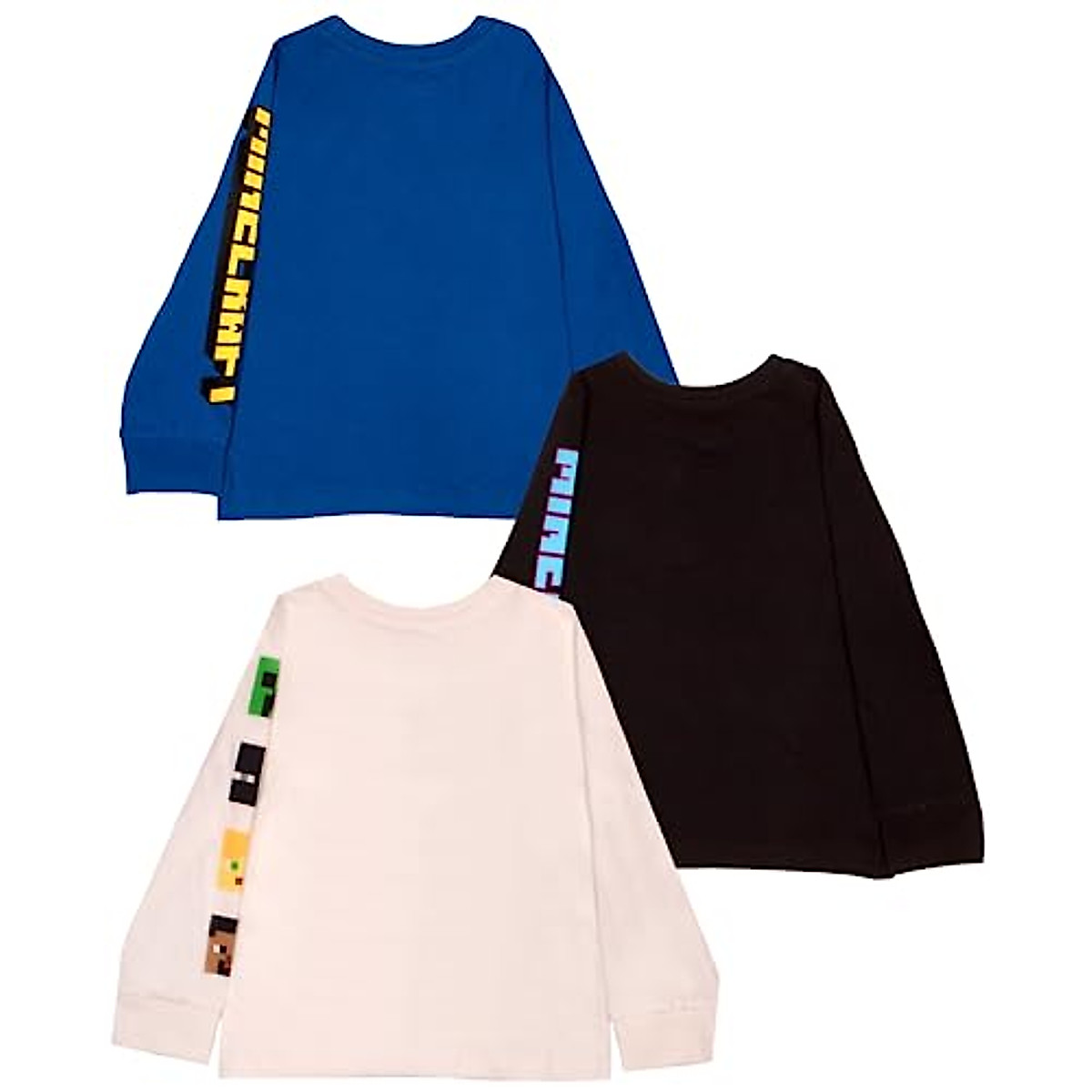 Minecraft Characters Boys Long Sleeve T-Shirt, 3-Pack Bundle Set for Kids and Toddlers (Size 7, Black/White/Royal)