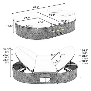 EOVTK Outdoor Rattan Daybed, Multifunctional 2-Person Sun Bed with Cushions and Pillows, Wicker Reclining Chaise Lounge with Adjustable Backrests and Foldable Cup Trays for Lawn, Poolside, Beige