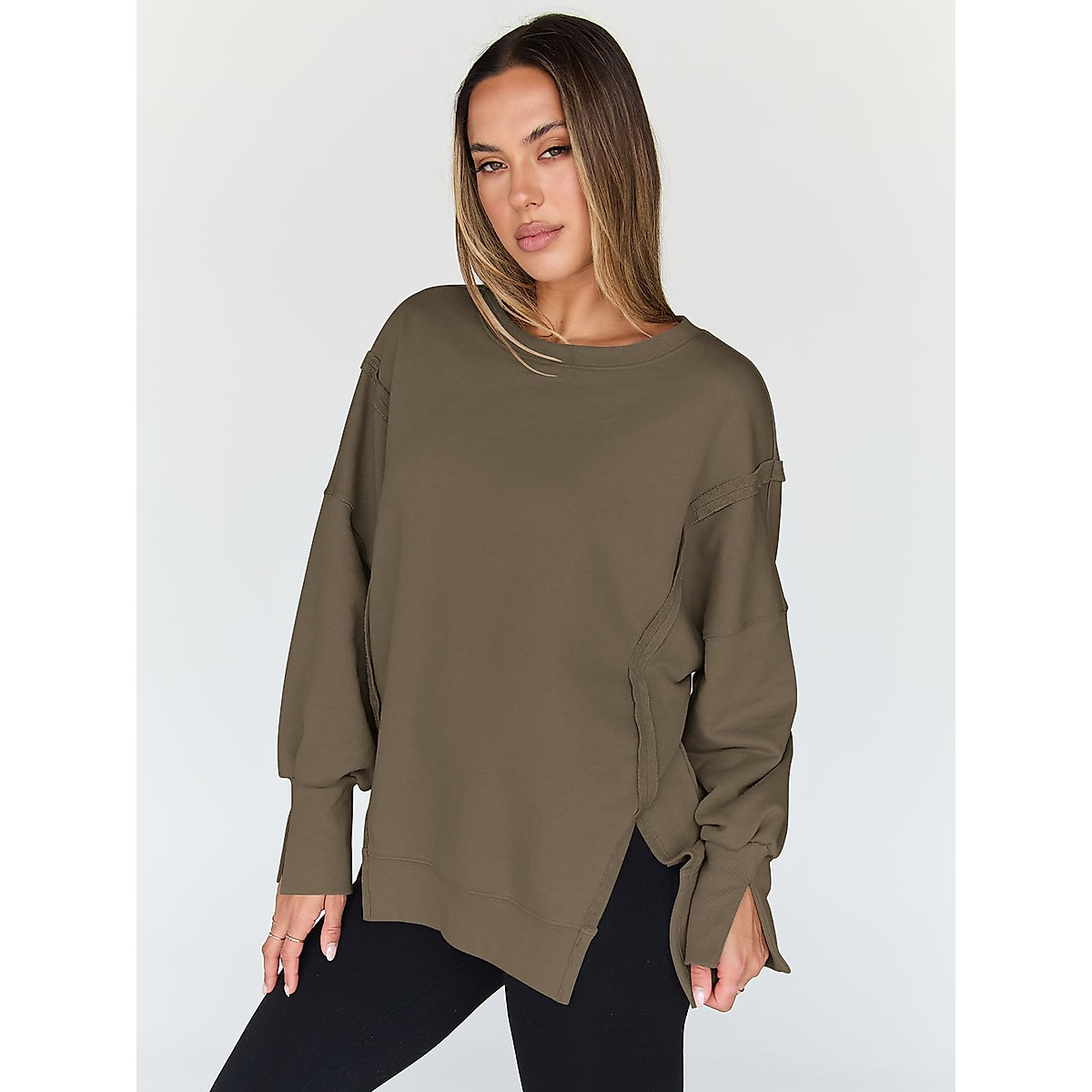 Trendy Queen Womens Oversized Sweatshirts Hoodies Crewneck Shirts Fall Outfits Teen Girls Y2k Winter Clothes Light Coffee L