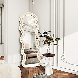 ABSWHLM Arched Full Length Mirror 63"x24" Irregular Wavy Mirror with Flannel Wrapped Wood Frame Floor Mirror for Living Room, Bedroom Hanging or Leaning Wall-Mounted, Milk White
