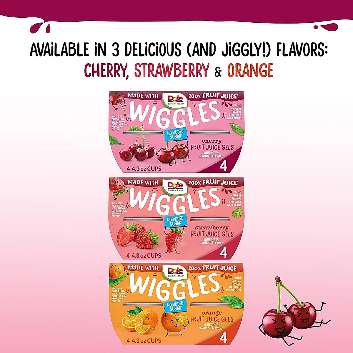 Dole Wiggles No Sugar Added Cherry Fruit Juice Gel Snacks, 4.3oz 24 Total Cups, Gluten & Dairy Free, Bulk Lunch Snacks for Kids & Adults