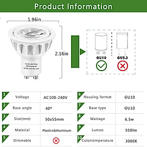 SZGMJIA GU10 LED Bulbs, LEDMEI 6 Pack GU10 Led Light Bulbs, 50W Halogen Bulb Equivalent, 120 Volt, 6.5W 550lm, 3000K Warm White, 40° Beam Angle Spotlight, UL Listed, Non-Dimmable