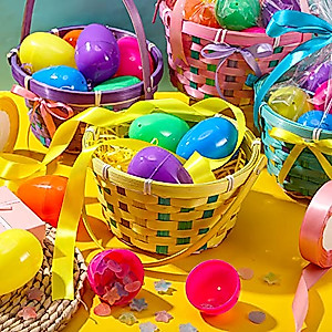 Easter Woven Bamboo Basket with Handles Sets Include Easter Round Basket, Grass Shred, Plastic Fillable Easter Eggs, Colorful Satin Ribbon, Clear Plastic Bag for Easter Party Supplies (8 Pack)