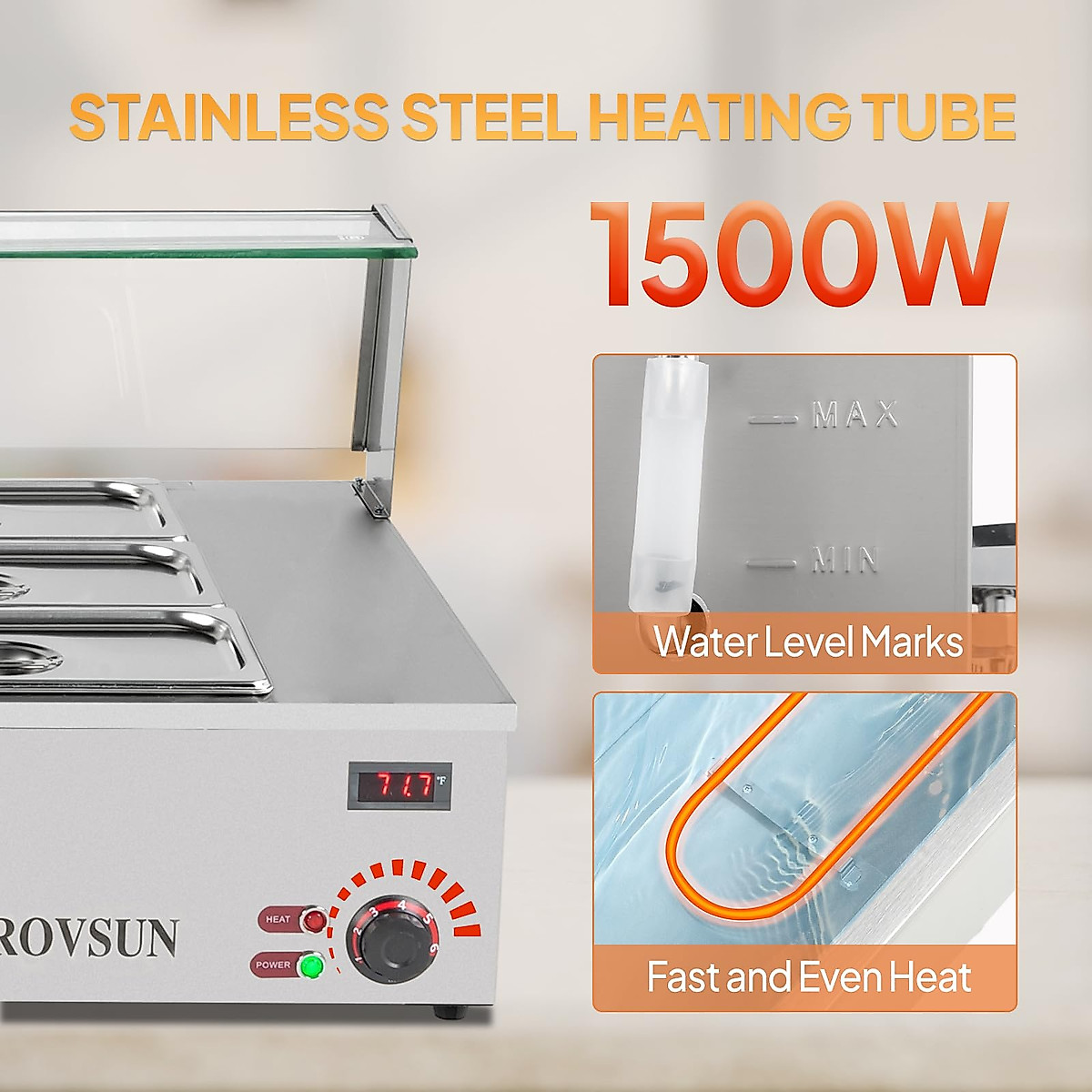 ROVSUN 96QT Steam Table, 12-Pan Electric Commercial Food Warmer Stainless Steel Bain Marie Countertop w/Glass Shield Temperature Control & Lid for Buffet Party Catering Restaurant 8QT/Pan 1500W 110V