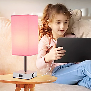 Woderdeng Touch Control Bedside Lamp - 3-Way Dimmable Table Lamps with USB C+A Port and Outlet, Nightstand Lamp for Bedroom Decor and Living Room,Pink