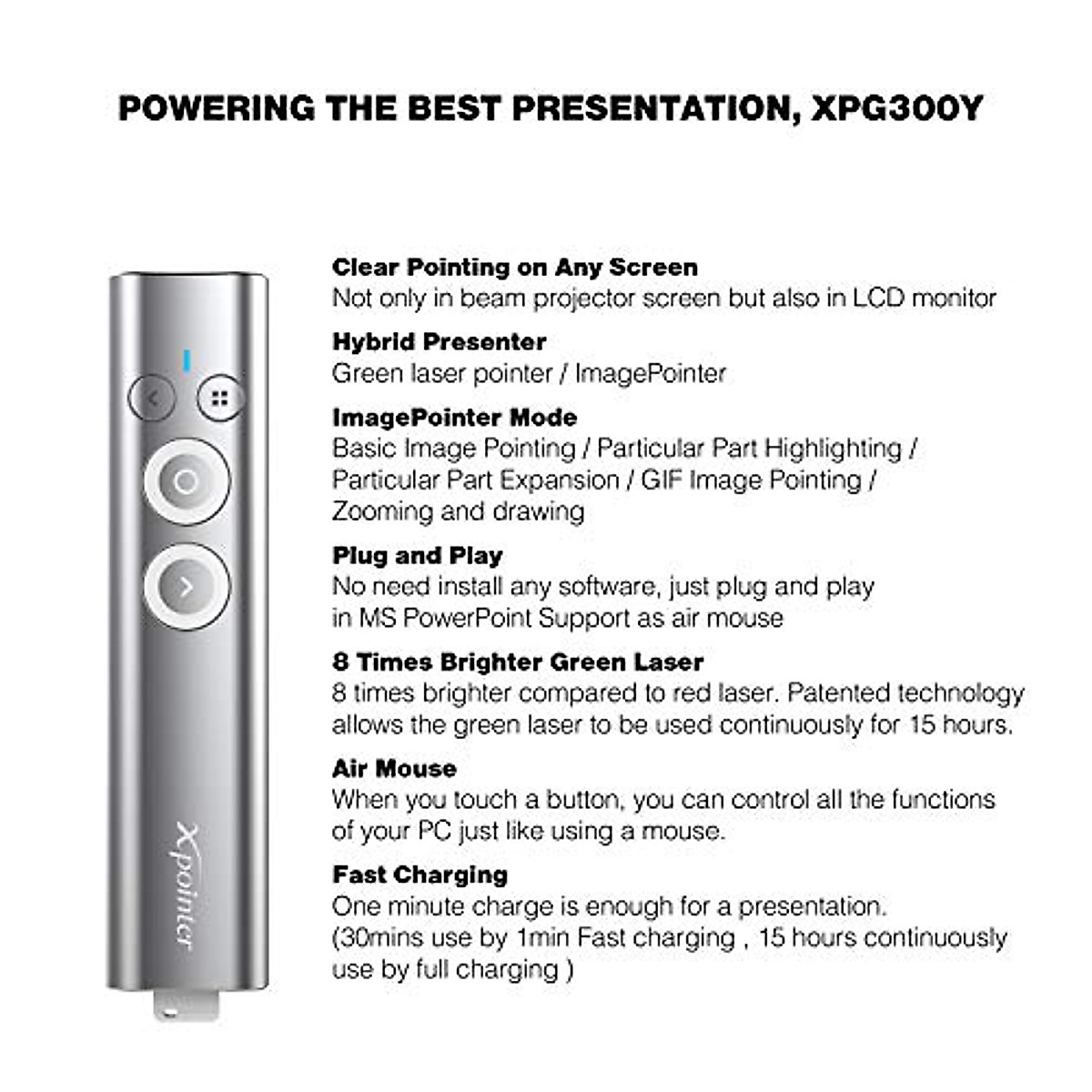 X POINTER Image Pointer with Air Mouse Control - SoftwareBased Multifunction Presentation Clicker Remote with GreenLaser, Wireless Rechargeable Pointer for Windows and Mac