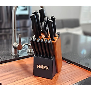 HZEX Premium Kitchen Knife Set, 13-Piece Knives Set in Block, Built-in Sharpener, High Carbon Stainless Steel Knives in Matte Black, Durable Chef's Butcher Steak Paring Utility Bread Knifes