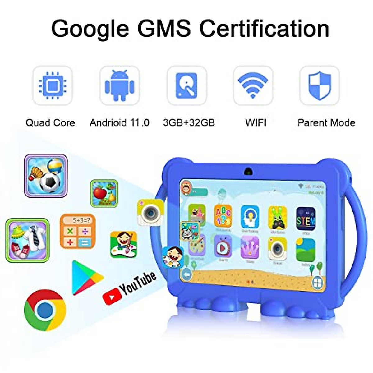 NORTH BISON Kids Tablet, 7 inch Android 11.0 Tablet for Kids, 3GB 32GB Toddler Tablet with Bluetooth, WiFi, GMS, Parental Control, Dual Camera, Shockproof Case, Educational, Games Dark Blue