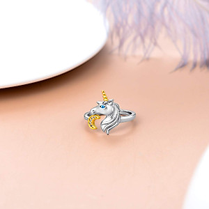 LONAGO Unicorn Ring with Moon Sterling Silver Unicorn Stacking Ring for Women (silver, 7)