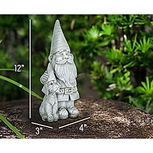 NAT & Jules Gnome and Dog Aged Cement Hue 12 inch Resin Stone Garden Statue