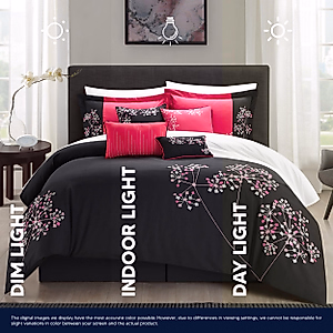 Chic Home 8-Piece Embroidery Comforter Set, Queen, Pink Floral Yellow