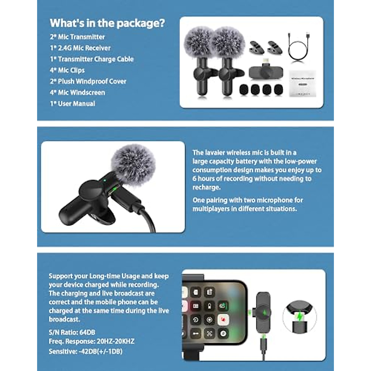 PUSEALON 2 Pack Wireless Lavalier Microphone for iPhone iPad, Plug-Play Professional Tiny Cordless Lapel Microphone Wireless, Wireless Mic for Recording Interview Vlog Livestream