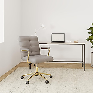 MFD LIVING Velvet Home Office Desk Chair, Upholstered Adjustable Swivel Task Chair with Wheels, Tufted Mid-Back Computer Chair with Arms, for Study Living Room Vanity (Grey, Gold Base)