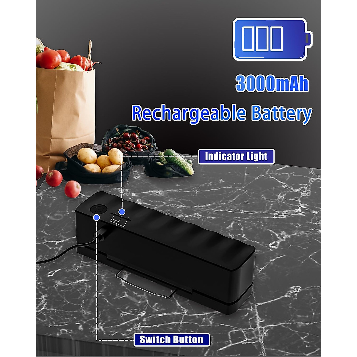 Bag Sealer Mini Rechargeable,3000mAh Heat Sealer Machine with 5 Adjustable Gears Chip Bag Resealer,Plastic Bag Sealer for Food Snack Bags Storage(black)