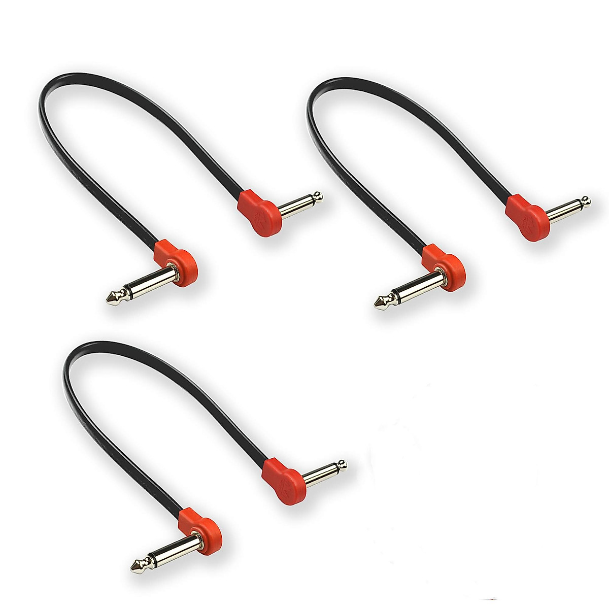 M MAKA Flat Low Profile Guitar Patch Cable 12 inch 1 Foot for Effects Pedals, 1/4 inch Right-Angle, Red, 3-Pack New Version